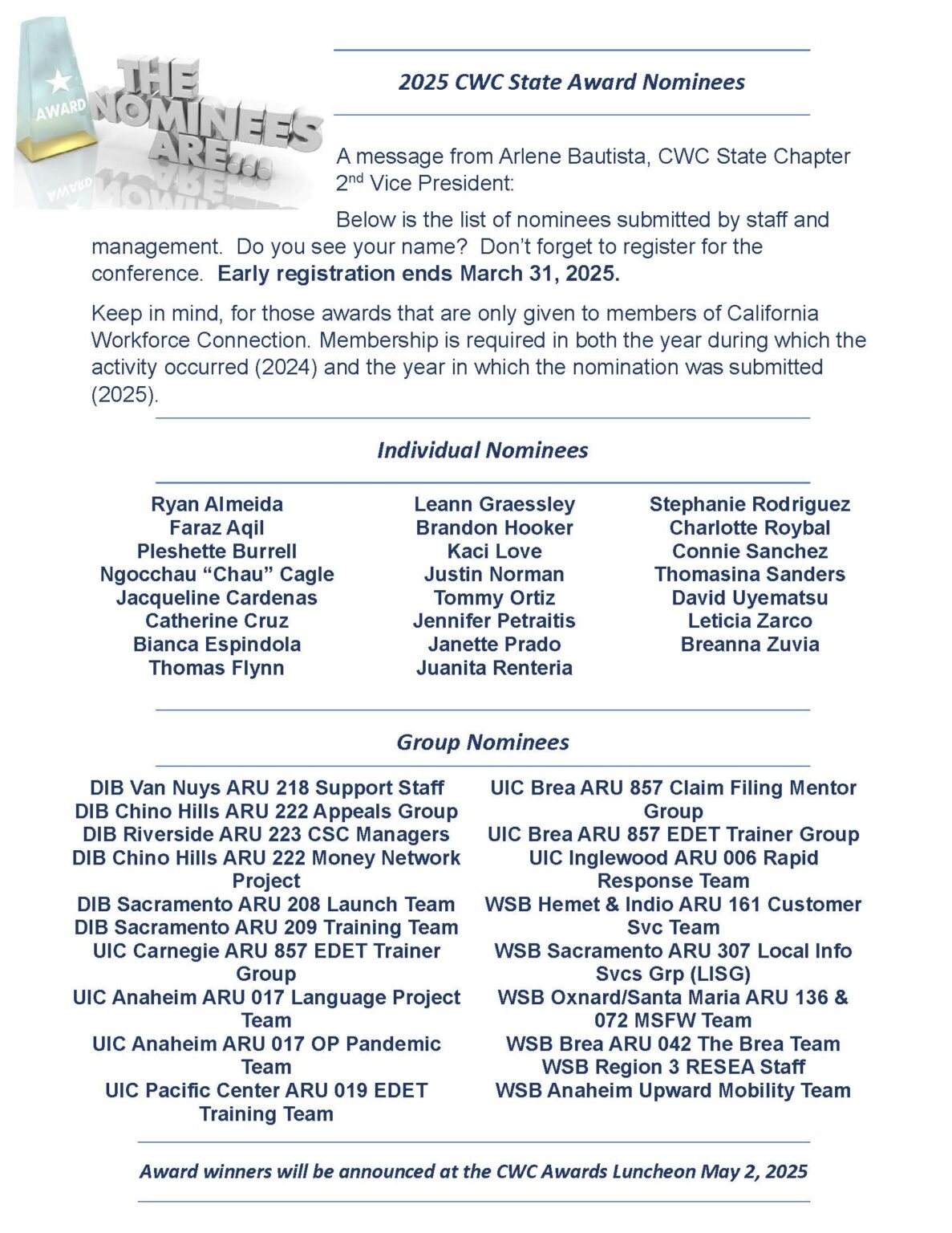 California Workforce Connection – 2025 Nominees